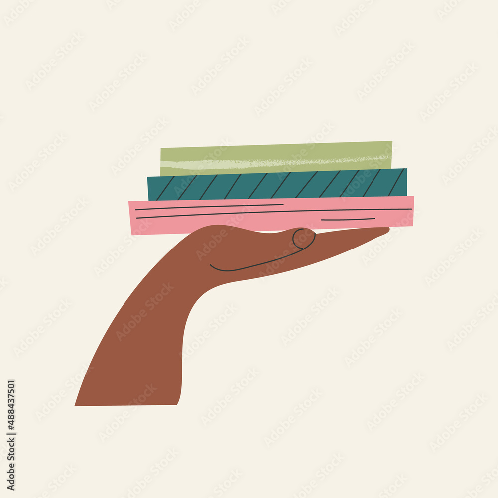 Man's hand holding stack of book flat cartoon vector illustration ...