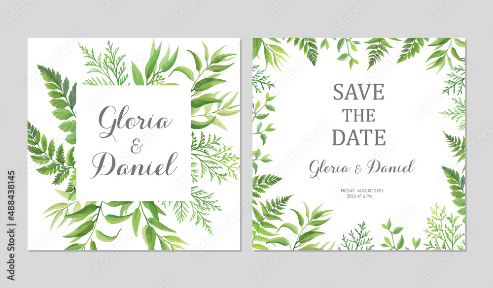 Wedding invitations with green leaves border. Invite card with place ...