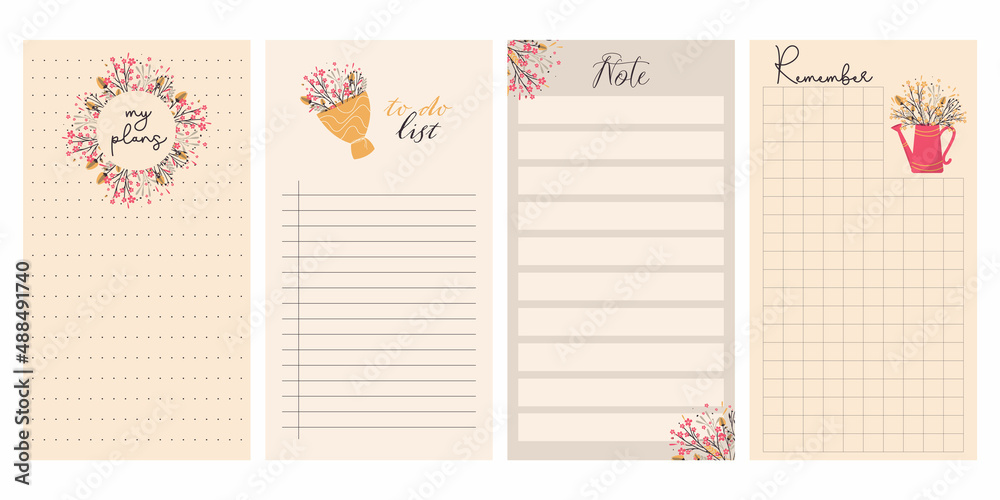 Set of planners and to-do list with spring illustrations, flower ...