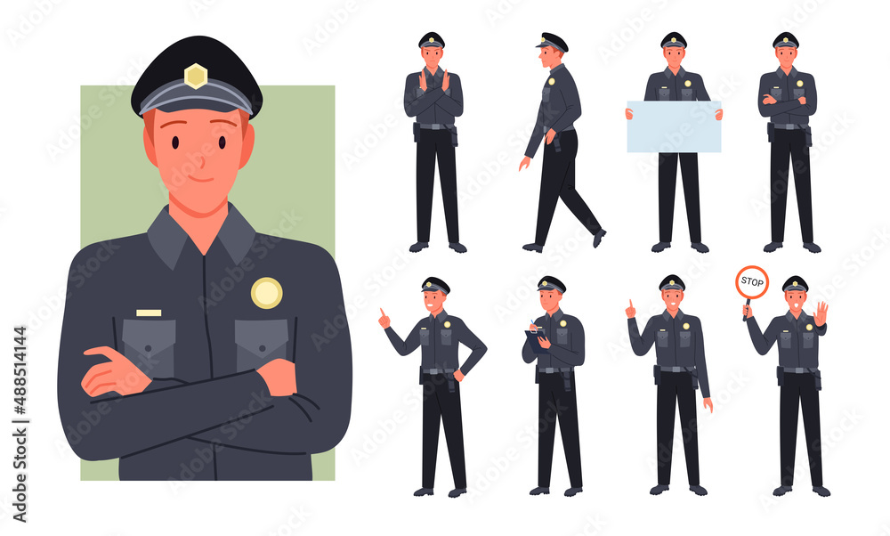 Policeman poses set vector illustration. Cartoon man worker of police ...
