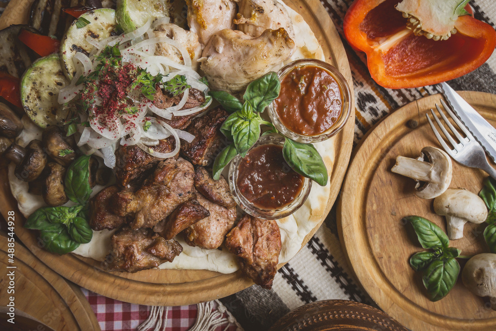 delicious European and Slavic cuisine on the big table waiting for ...
