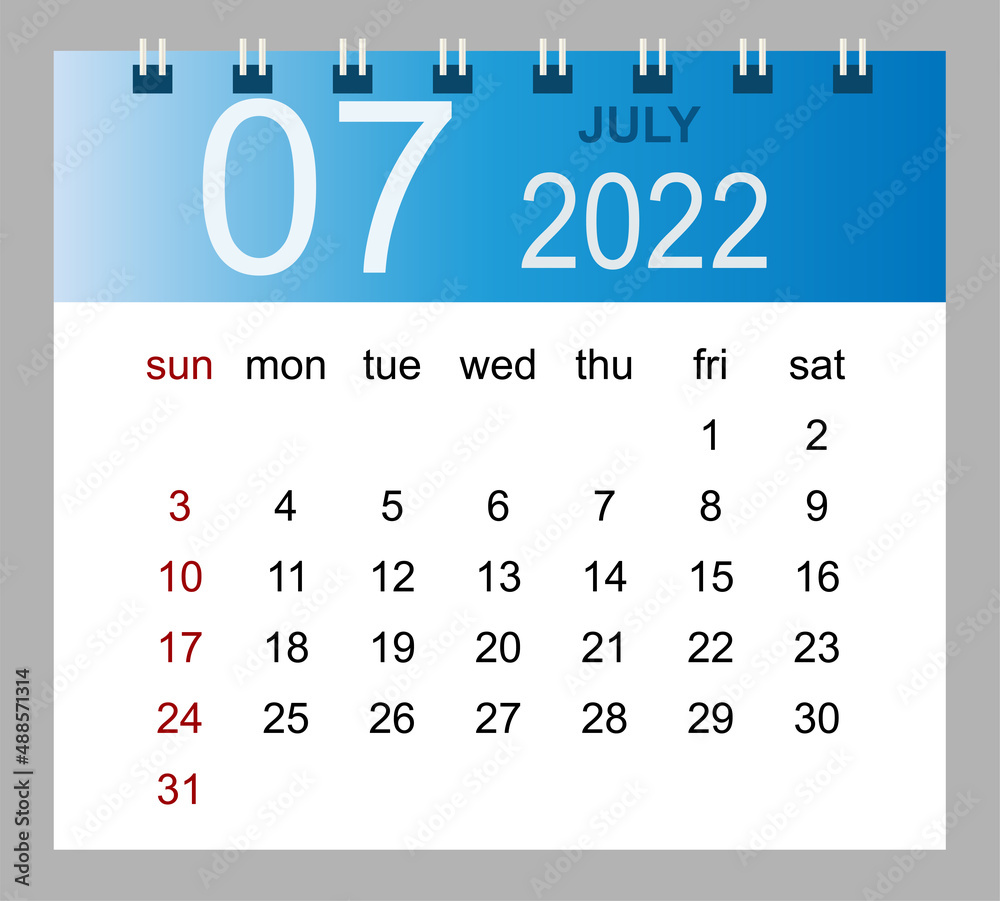 July 2022. Vector monthly calendar template 2022 year in simple style ...