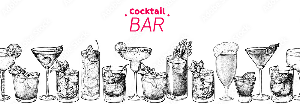 Alcoholic cocktails hand drawn vector illustration. Cocktails set. Bar ...