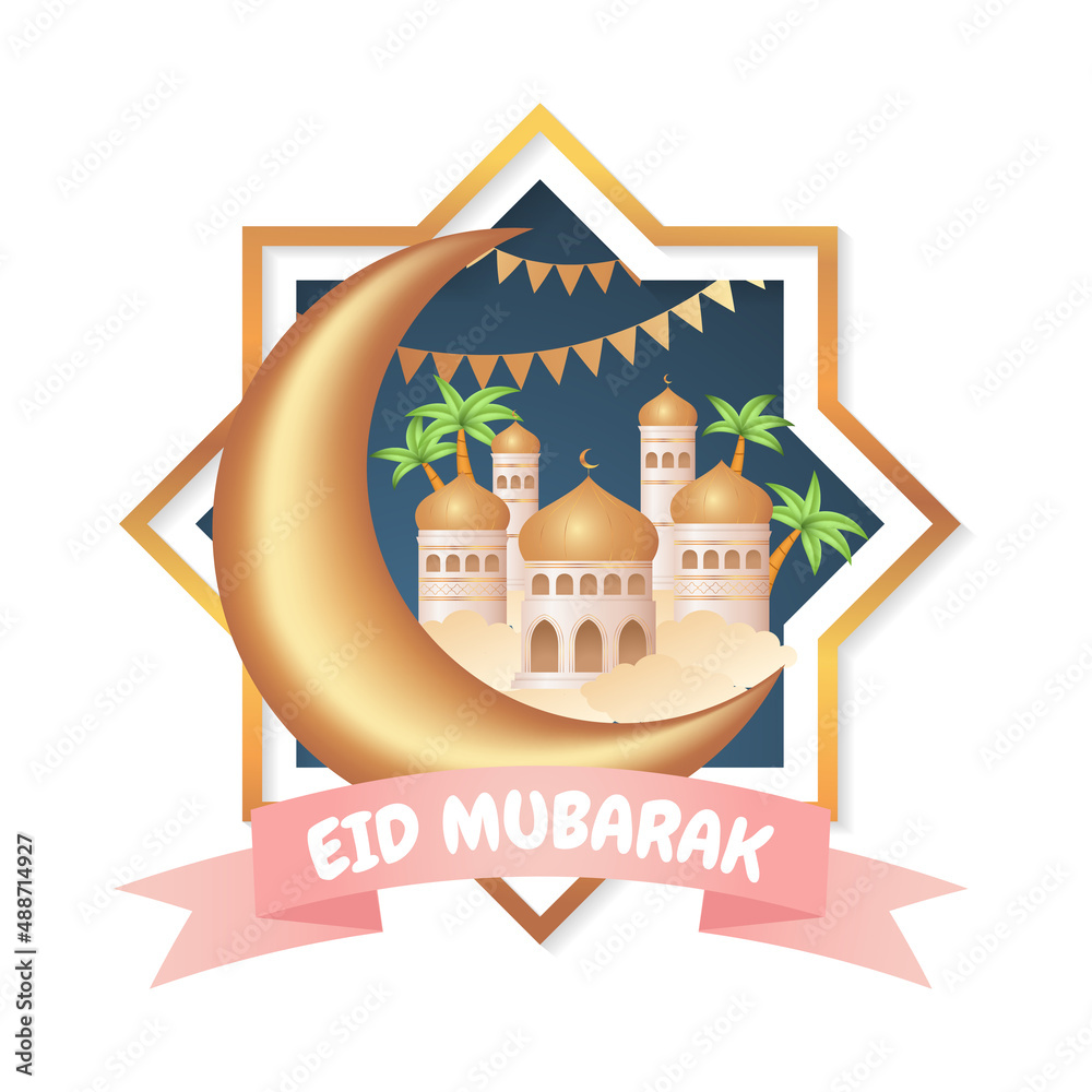 Eid Mubarak illustration with elegant mosque and crescent moon ...