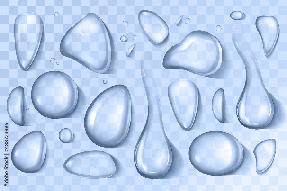 Vector realistic set of liquid droplet different shapes. Pure aqua ...