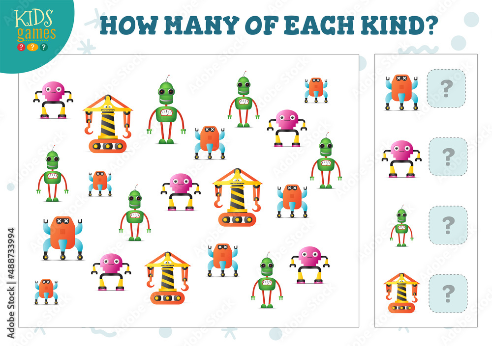 How many of each kind cartoon robot counting game for kids vector ...