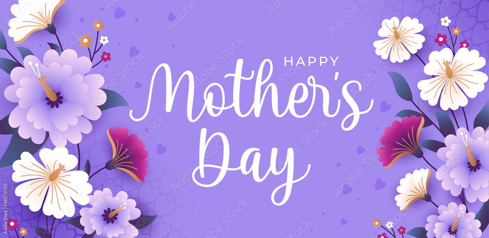 Happy Mothers day greeting card with white and light purple flowers. Vector illustration in a ...