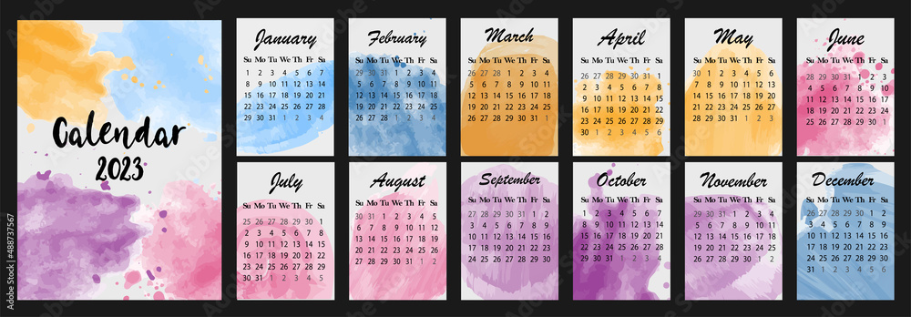 A4 calendar or planner 2023 watercolor. Cover and 12 monthly pages ...