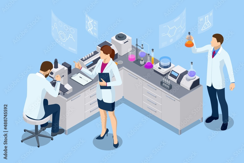 Isometric chemical laboratory concept. Laboratory assistants work in ...