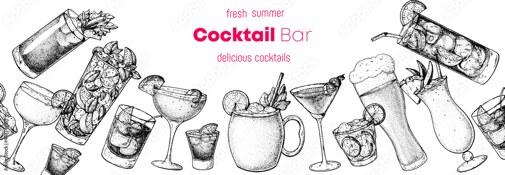 Alcoholic cocktails hand drawn vector illustration. Cocktails set. Bar ...