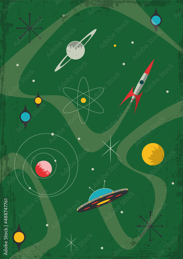 Mid Century Modern Style Space Illustration, Atomic Age, Retro Future ...