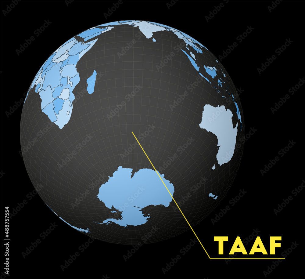 TAAF on dark globe with blue world map. Red country highlighted ...
