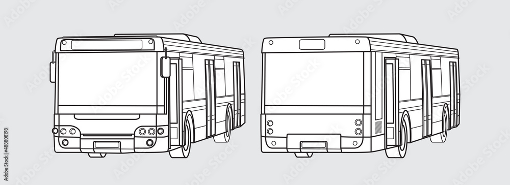 Black outline transport illustration, bus front and back image on white ...