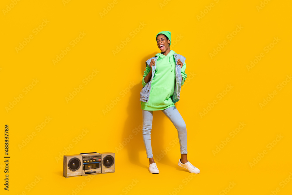 Full body photo of overjoyed funky person chill entertainment vintage ...