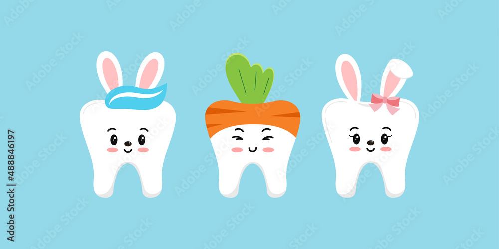 Easter teeth bunny rabbit and carrot dental icon set isolated. Dentist ...