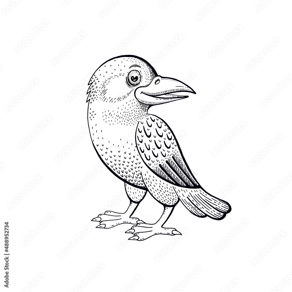 Cute raven bird. Cartoon sketch crow baby with sweet smile. Black line ...