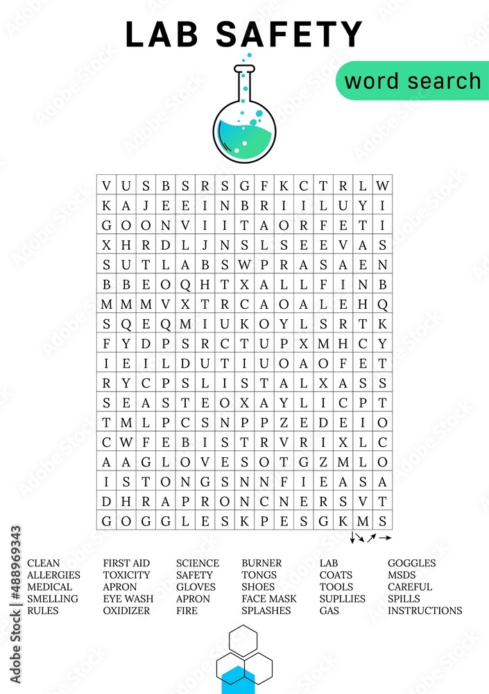 Lab safety word search puzzle. crossword, logic game worksheet ...