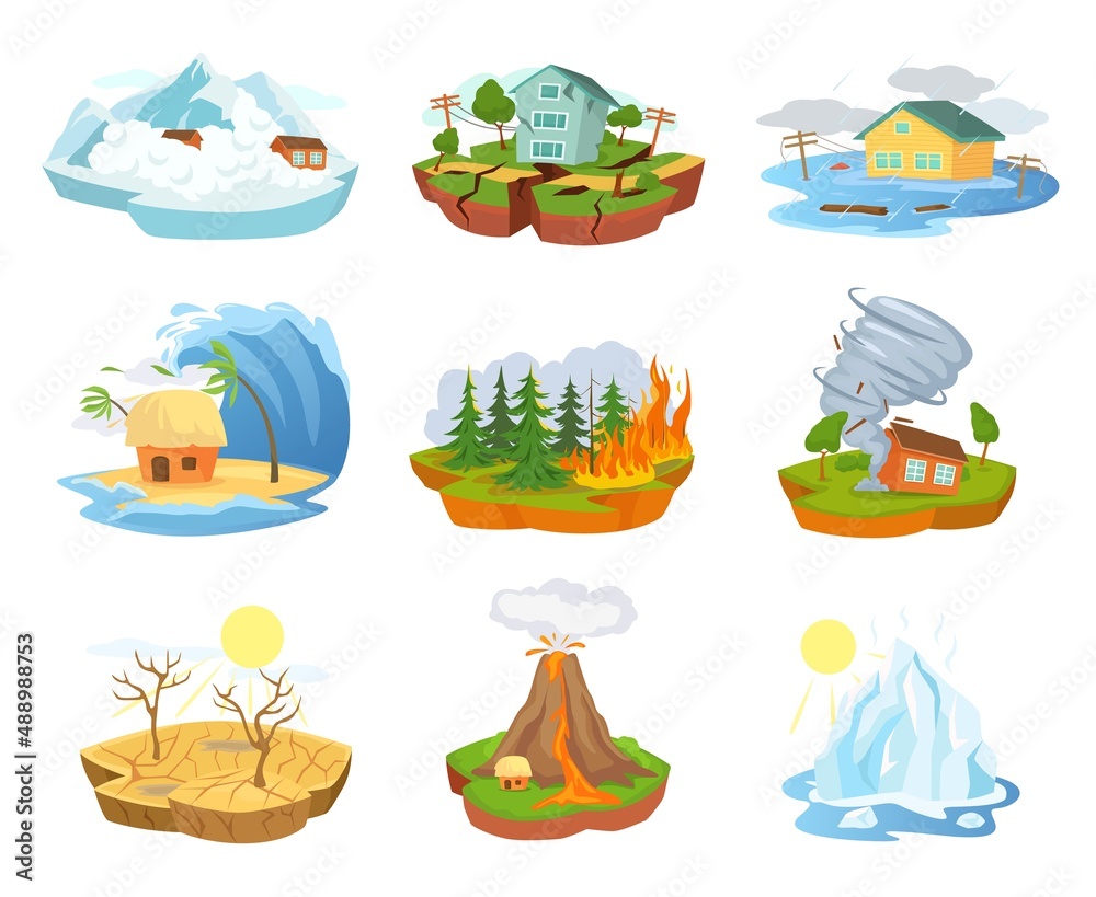 Cartoon natural disasters and catastrophes, extreme weather. Earthquake ...