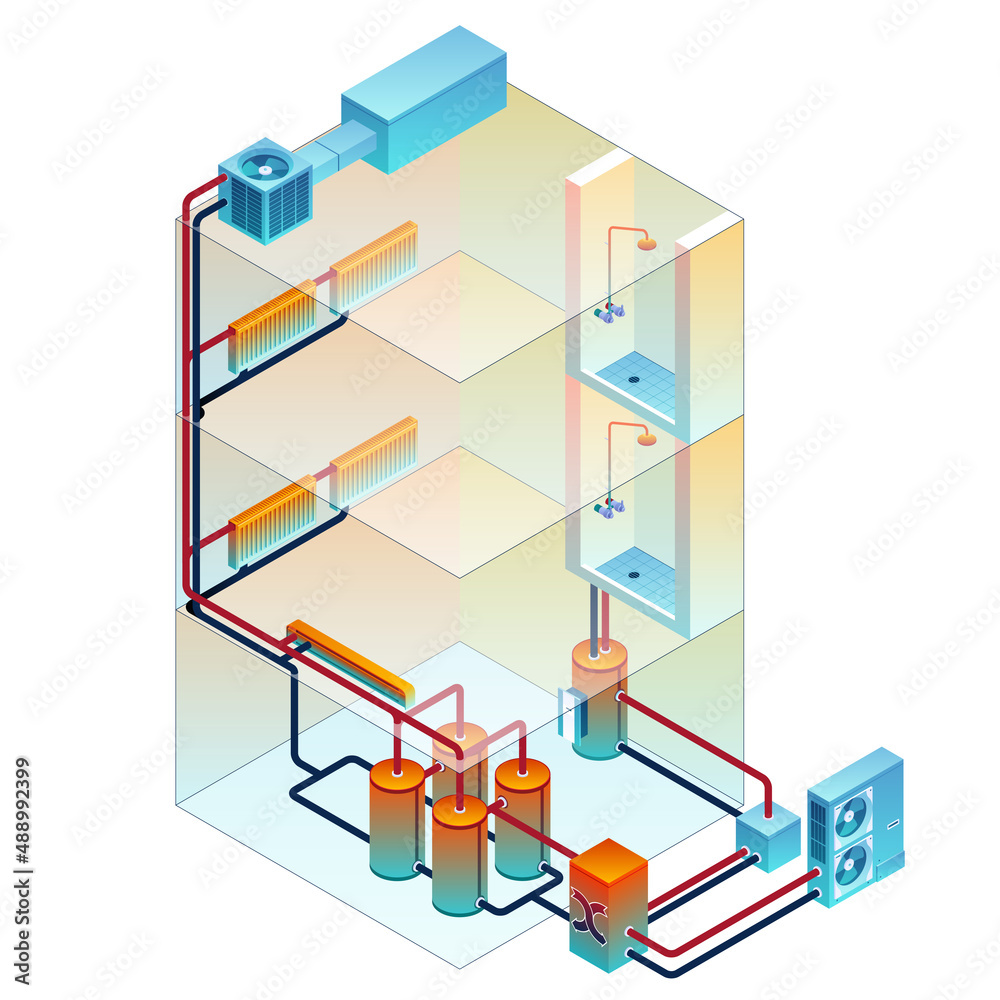 Heating system isometric illustration or hot water to a building Stock ...