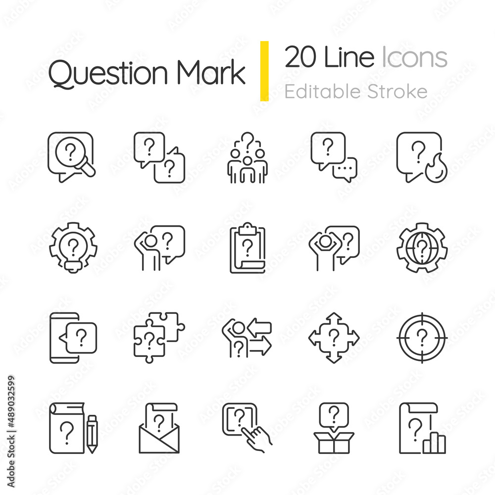 Question mark linear icons set. Information and communication system ...