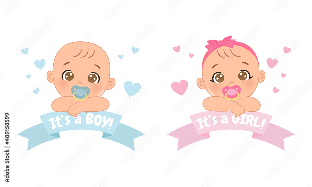 Cute baby boy and girl gender reveal label template. Flat vector ...