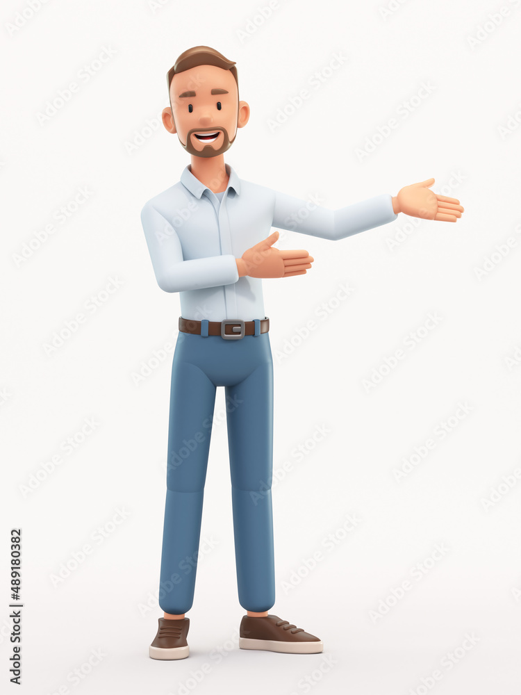 Standing smiling man showing hand at direction. Cartoon happy ...