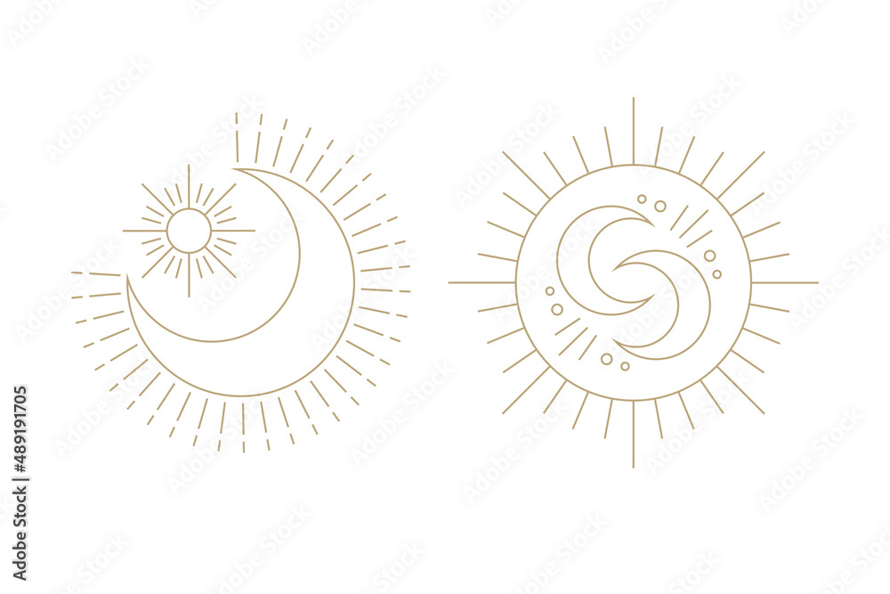 Sun and moon line art clipart. Outline sun logo, moon tattoo. Stock ...