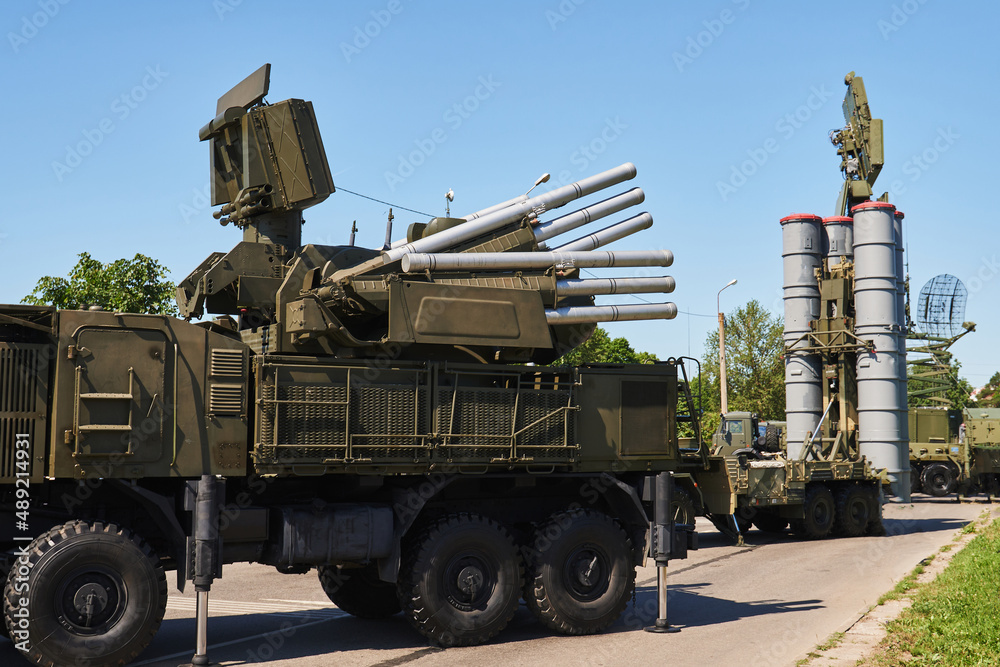 large military vehicles with rocket launchers. mobile anti-aircraft ...