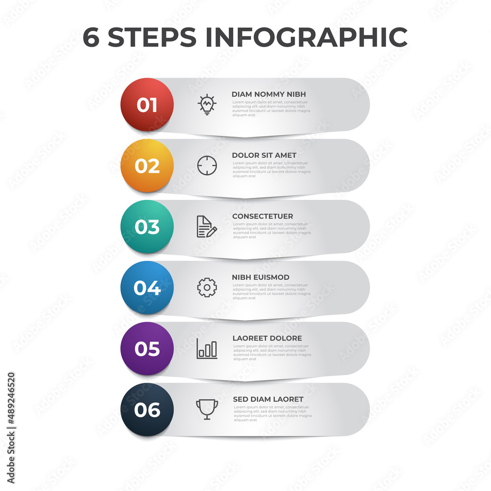 6 list diagram, vertical row of steps layout with number of sequence and icons, infographic ...