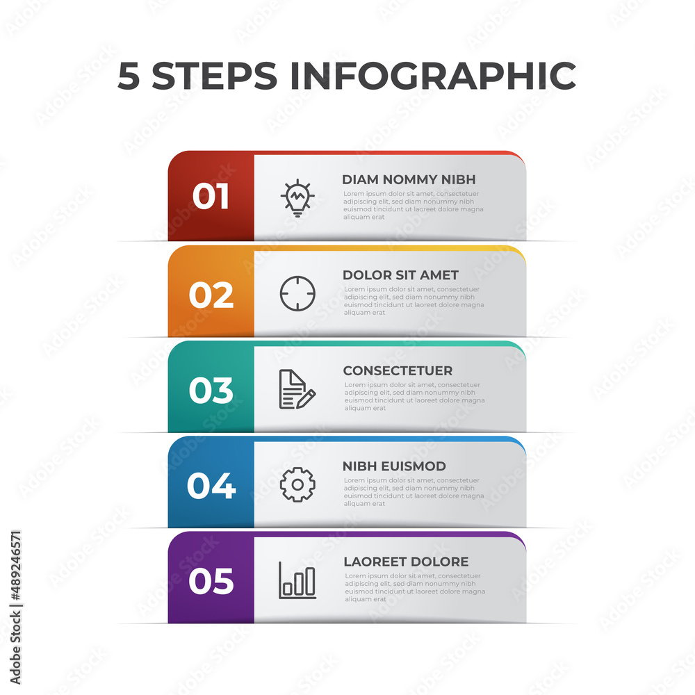 5 list of steps diagram, vertical row layout with number of sequence and icons, infographic ...