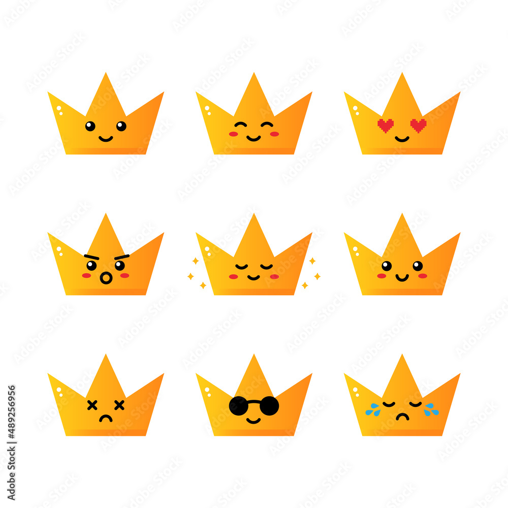 Set, collection, pack of crown emoji, vector cartoon style icons of ...