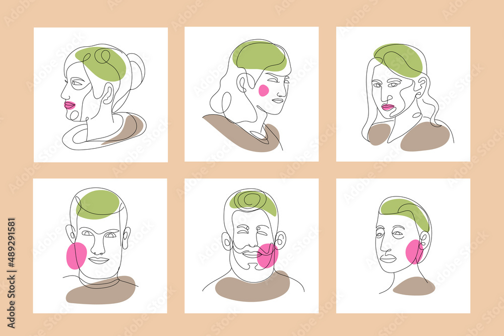 Doodles face line art, set of hand-drawn people face character, vector ...