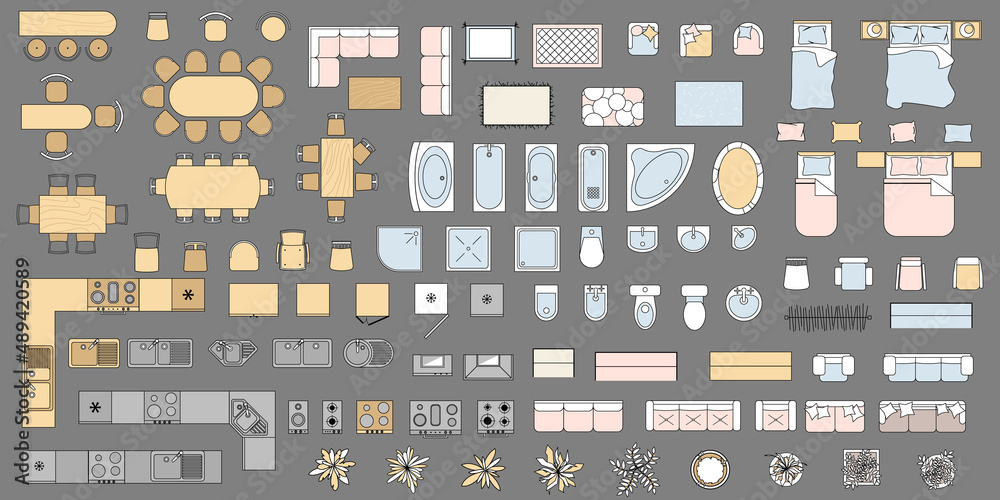 Set of Furniture top view. Colored Objects and elements for interior ...