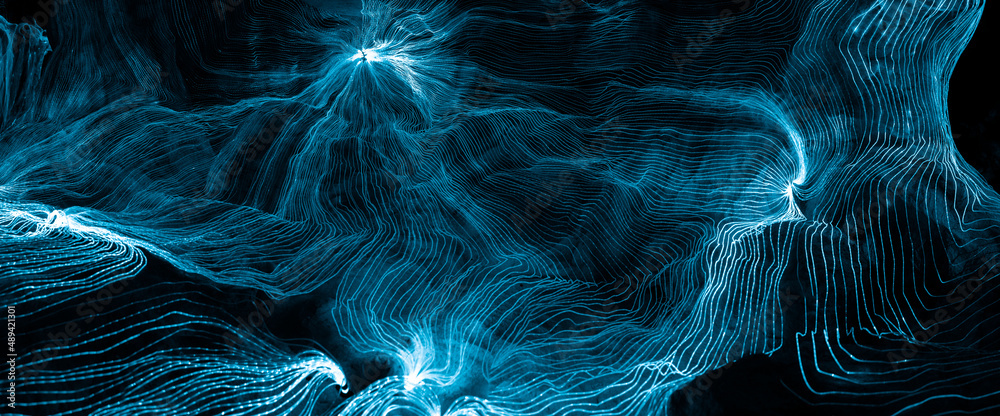 Abstract wave of digital weave lines connecting network dots and dark ...