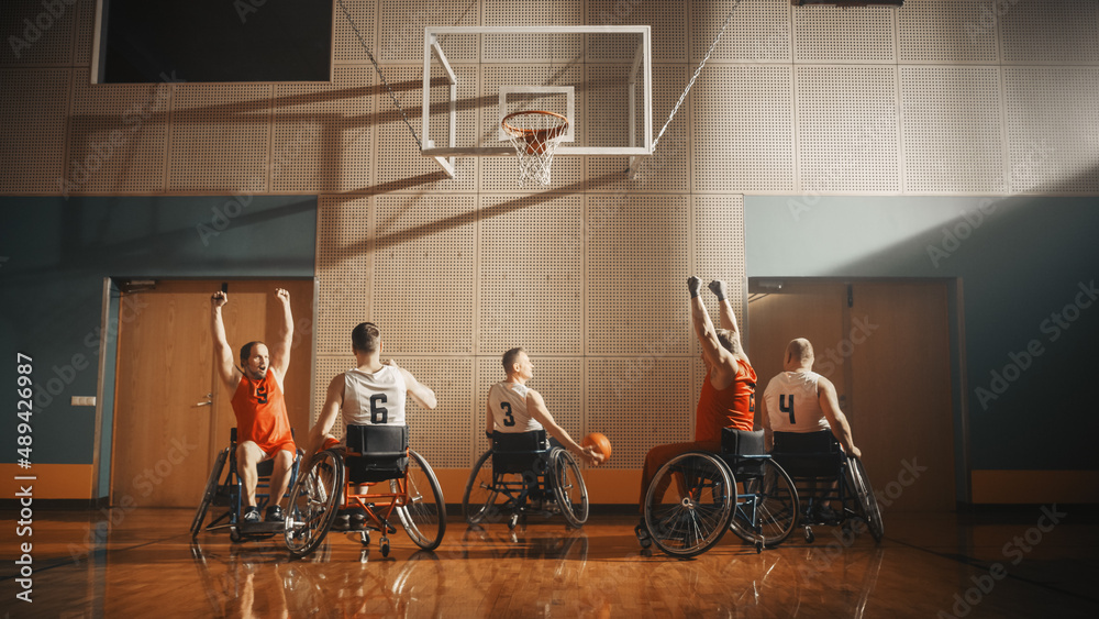 Wheelchair Basketball Game: Professional Players Competing, Dribbling ...
