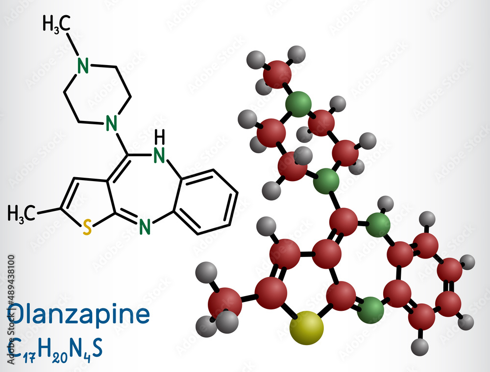 Olanzapine molecule. It is atypical antipsychotic drug for the ...