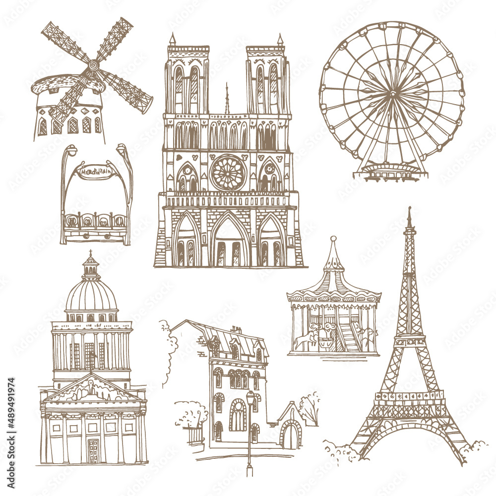 Paris, France. Vector sketch of the old city. Manual public and ...