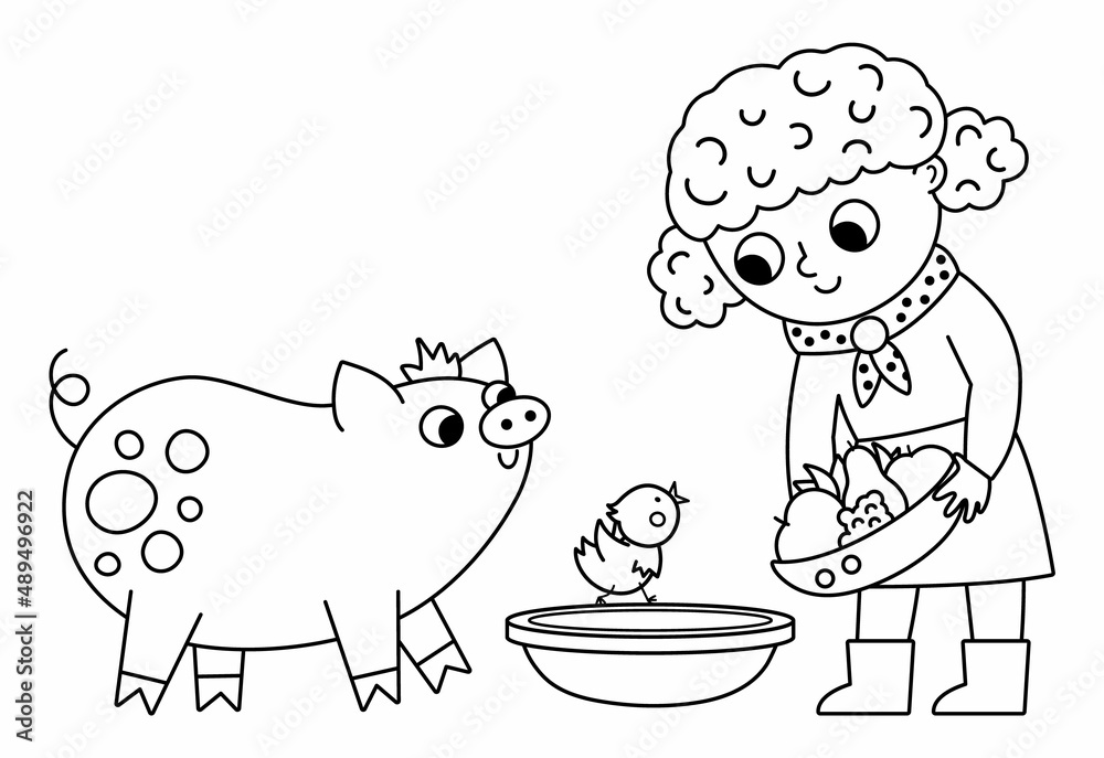 Outline farmer girl feeding animals. Vector black and white cattle ...