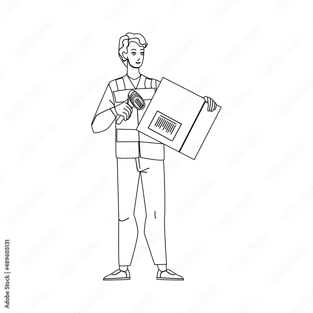 Deliverer Scanning Barcode On Carton Box Black Line Pencil Drawing ...