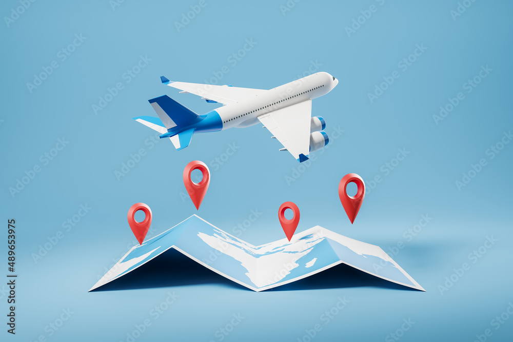 Airplane flying, world map and location mark Stock Illustration | Adobe ...