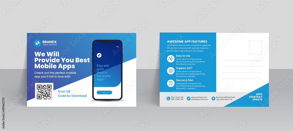 Mobile app promotion postcard template with creative layout Stock ...