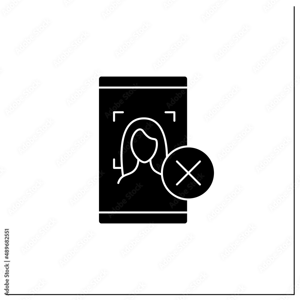 Face scan rejected glyph icon.Failed to recognise womans face at mobile ...