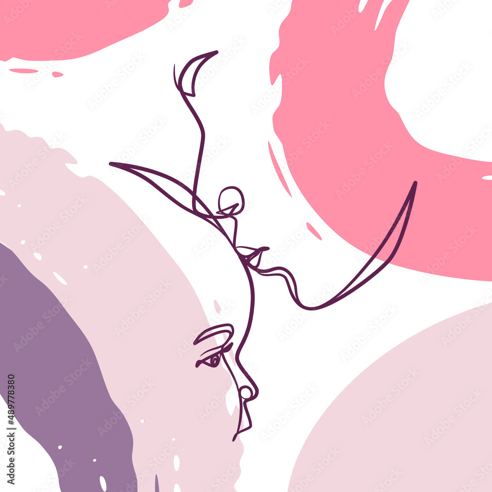 Continuous line drawing poster of mother kisses baby. One line drawing ...