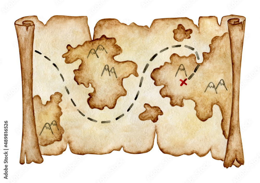 Treasure map cartoon illustration. Old yellowed pirate map. Watercolor ...