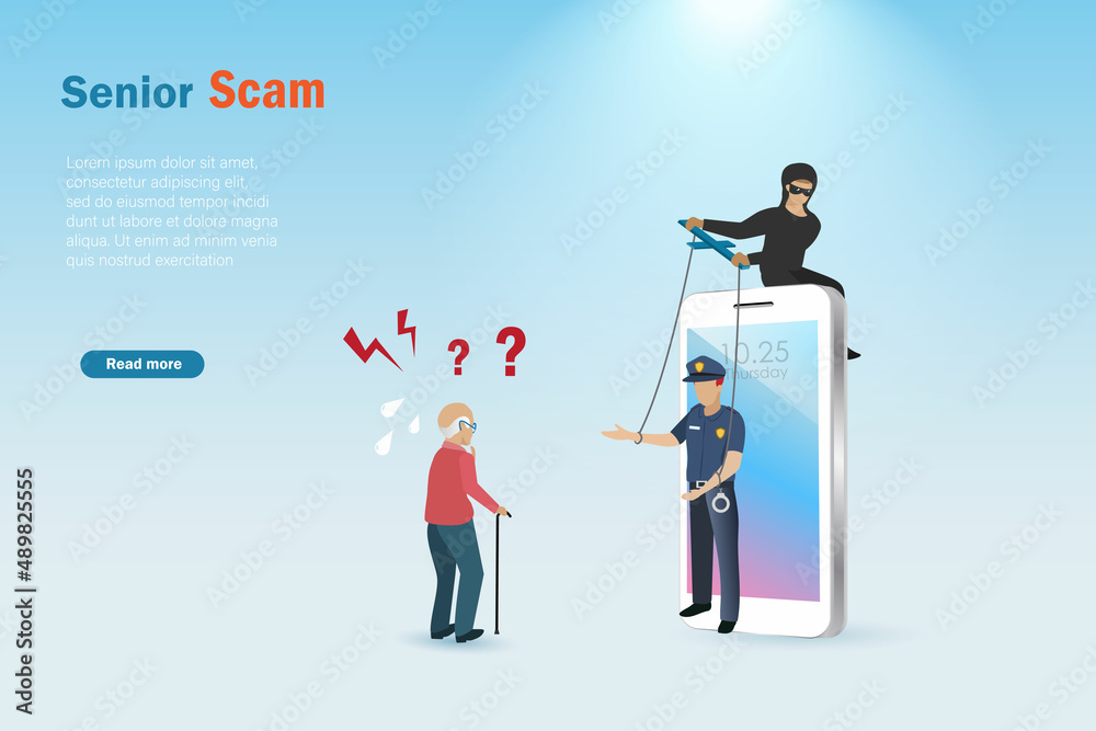 Hacker scam, phishing senior man puppeted as police. Digital cyber ...
