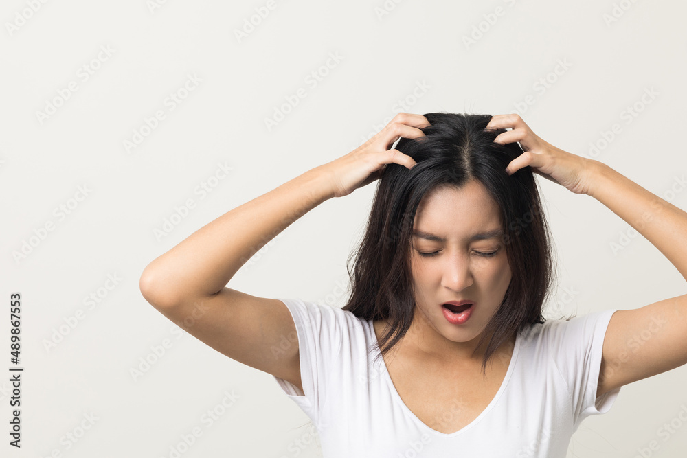 Young woman itchy head There is a fungus on the scalp dandruff, red ...