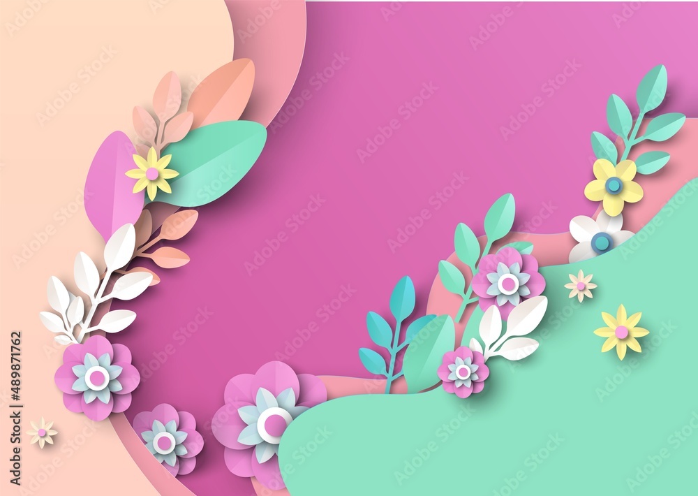 Paper cut flowers and leaves. Spring background. Floral poster, banner ...