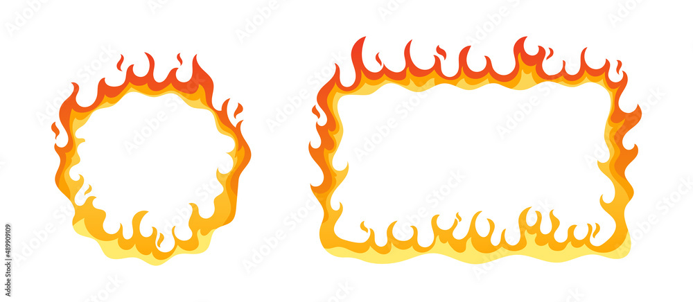 Square and Round Frames with Fire Flames, Cartoon Burning Gas Borders ...