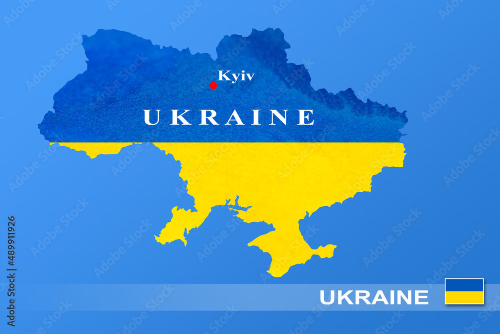 Ukraine map. National border. Ukrainian flag. Kyiv capital city. Blue ...