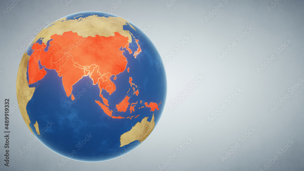 Earth globe with continent of Asia highlighted in red. 3D illustration ...
